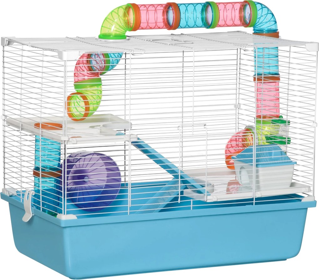 PawHut Klec pro Křečky a Hlodavce 3 Úrovně s Tunelovým Systémem, Lahvičkou na Vodu, Kolotočem, Domkem a Žebříky - rozměry 59L x 36W x 47H cm