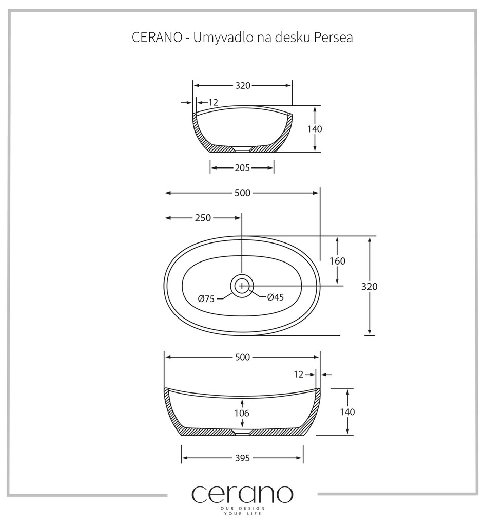 Cerano Persea, umyvadlo na desku z litého mramoru 500x320x140 mm, bílá matná, CER-CER-WB23