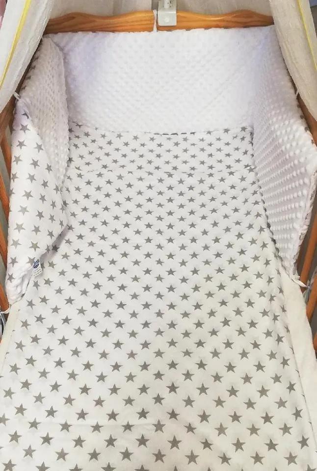 Baby-tex set do postýlky Minky mantinel + povlečení minky bílá - hvězdy  šedé na bílé | BIANO