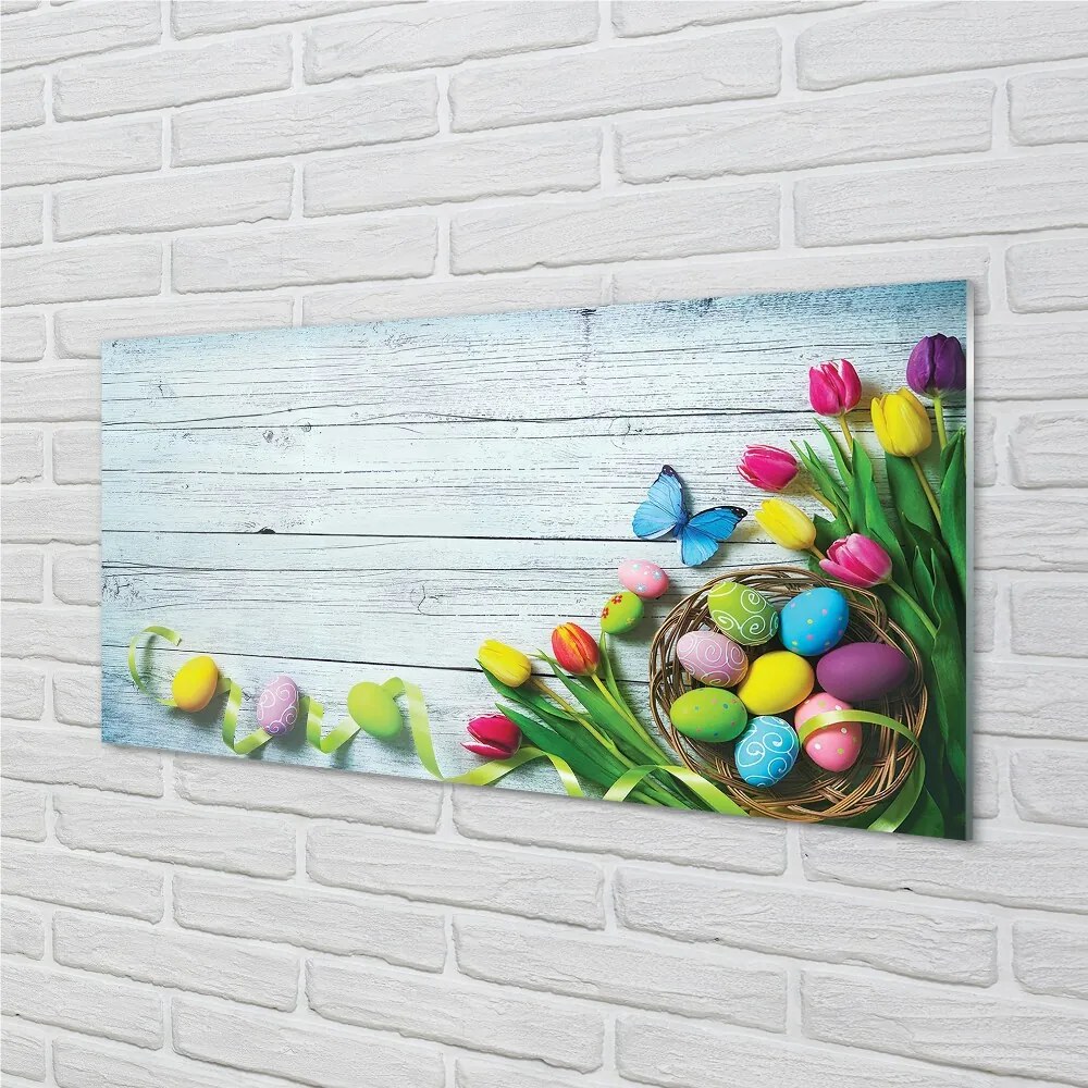 Obraz na skle Eggs tulipány motýl 100x50 cm