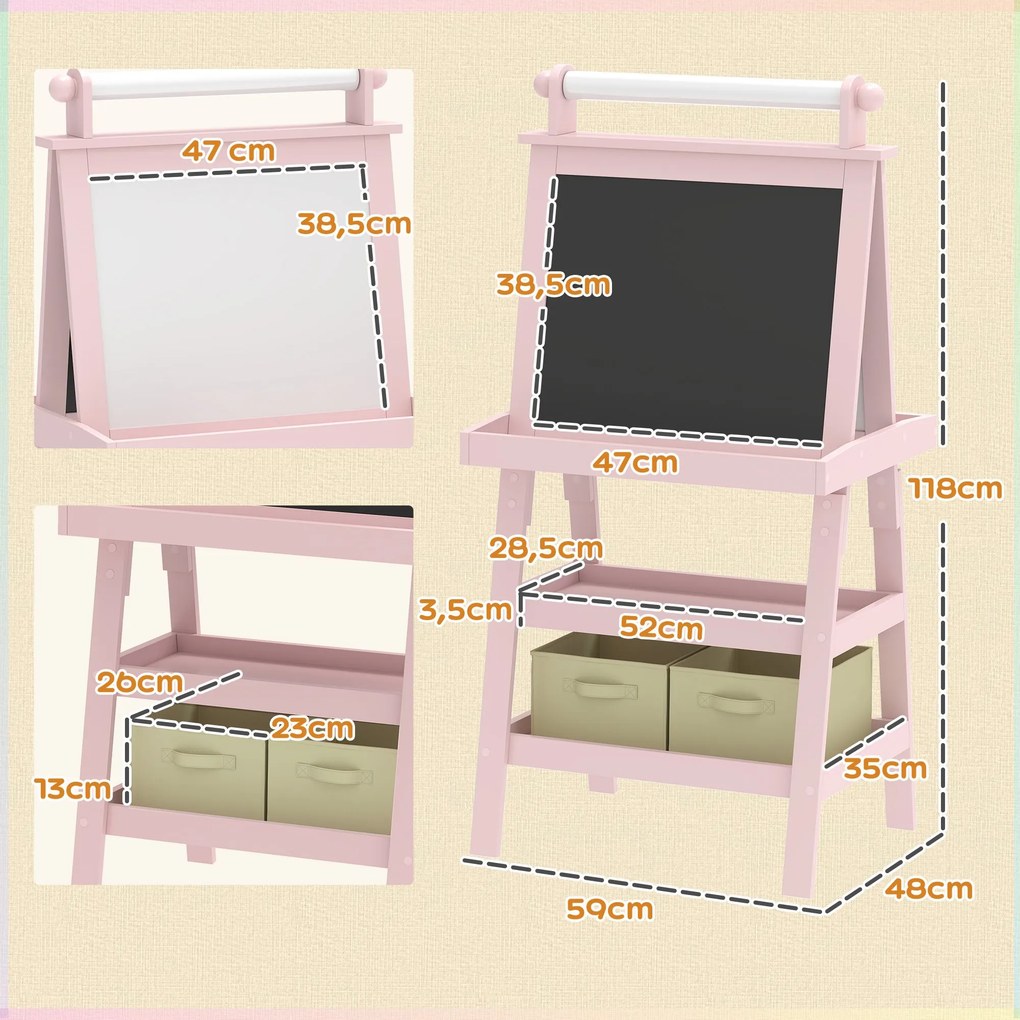 AIYAPLAY Dětský Easel 3 v 1 Dvousečný Magnetický Dětský Malířský Easel s Papírovým Rolem a Úložnými Košíky 59x48x118 cm Růžový