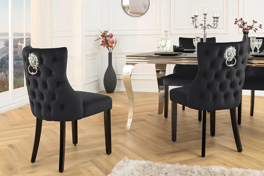 Designová židle Queen Lví hlava černý samet - skladem