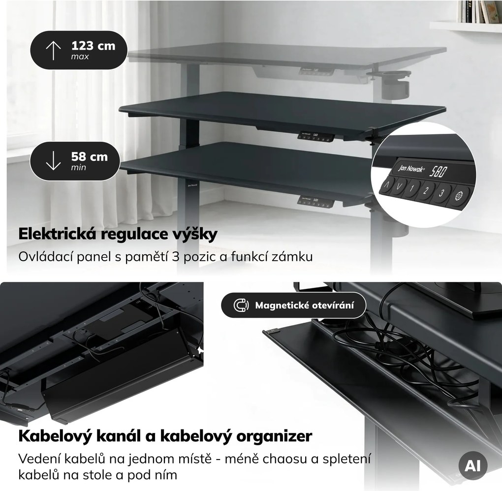 Elektrický stůl s nastavením výšky ergonomický antracitový,1200x600 mm: ARIA