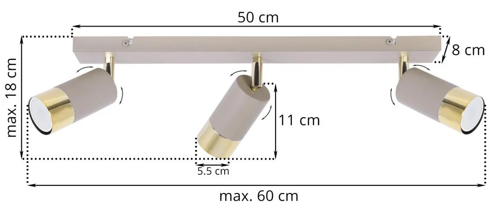 Bodové svítidlo Hugo, 3x béžové/zlaté kovové stínítko, (možnost polohování)