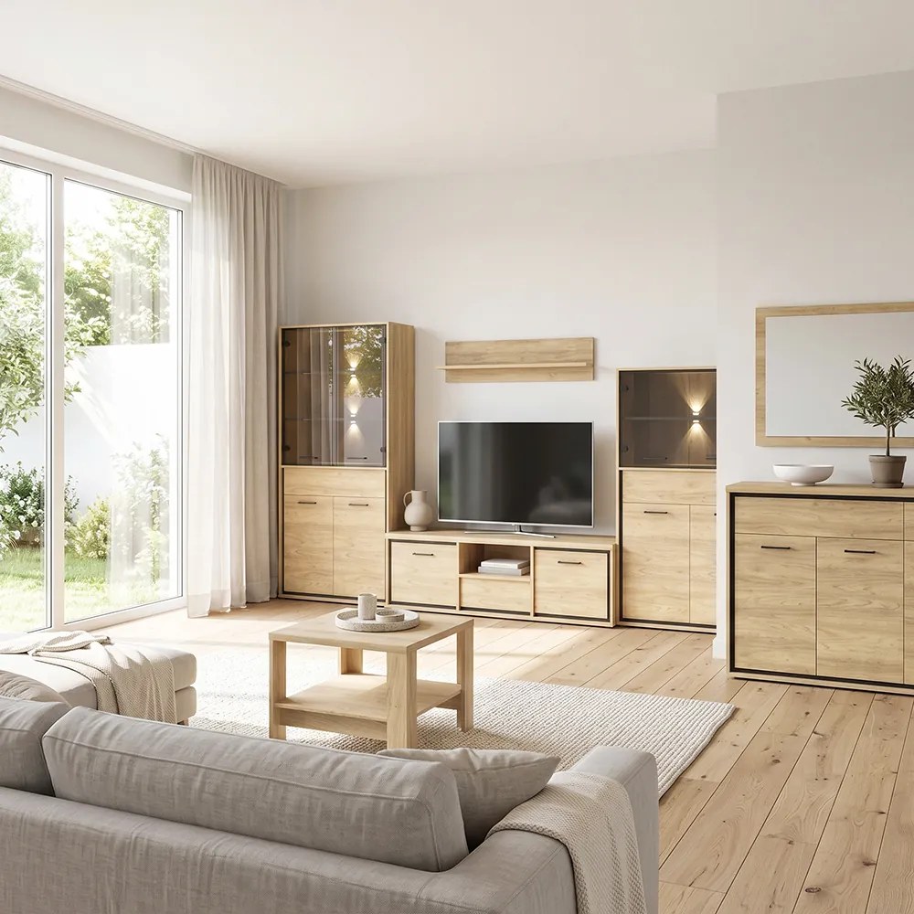 Obývací stěna s komodou MEDIOLAN | sestava A | 323,5 + 177 cm + konferenční stolek 65x65 cm | 7 dílů | natural hikora