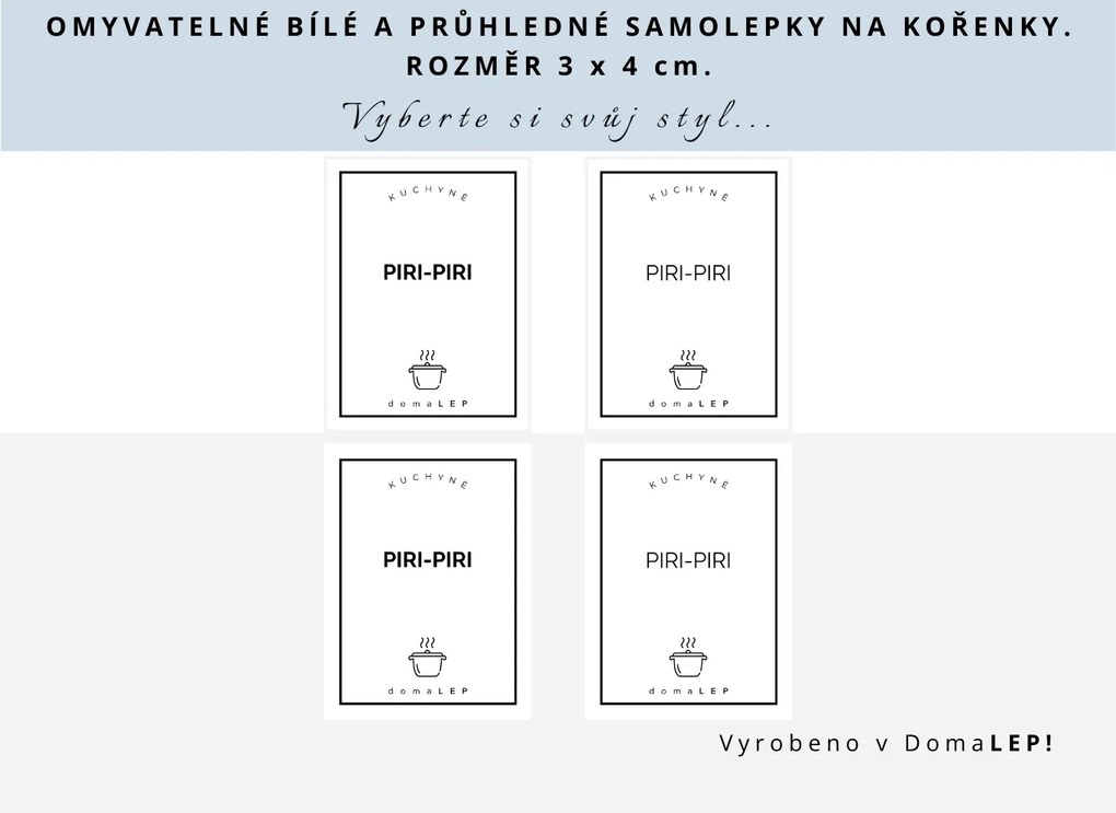 PIRI-PIRI - Samolepka na kořenky 3 x 4 cm - DomaLEP varianta: BÍLÁ - základní písmo