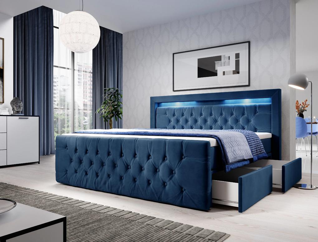Boxspring postel MENZOGNA s úložným prostorem a LED, samet Velikost postele: 140 × 200 cm, Barvy sametu: Modrý samet, Výběr matrace: Oboustranná…