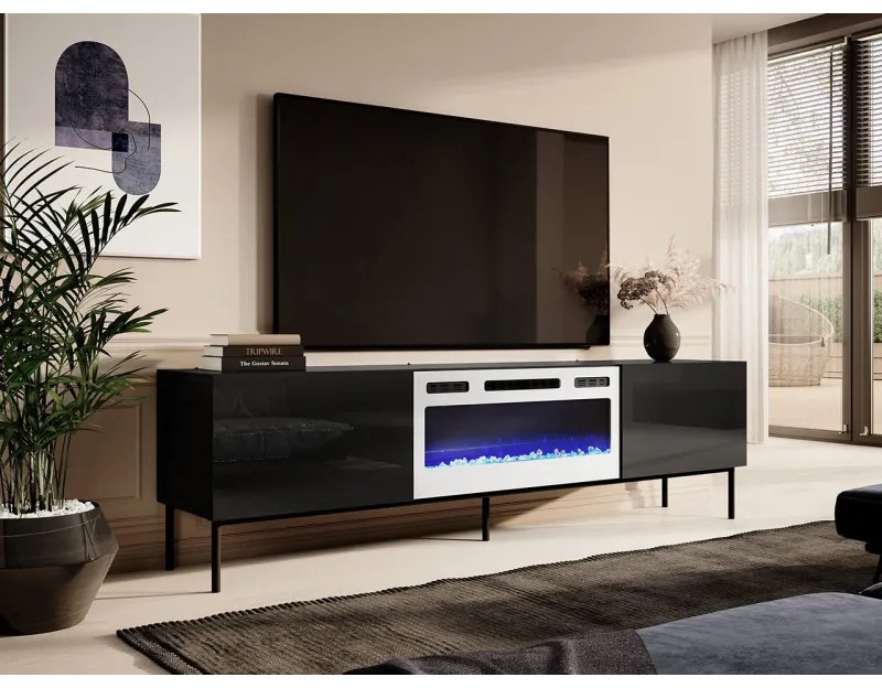 TV stolek Koda 200, Barva: bílý / bílý lesk + černý, Krb: černý