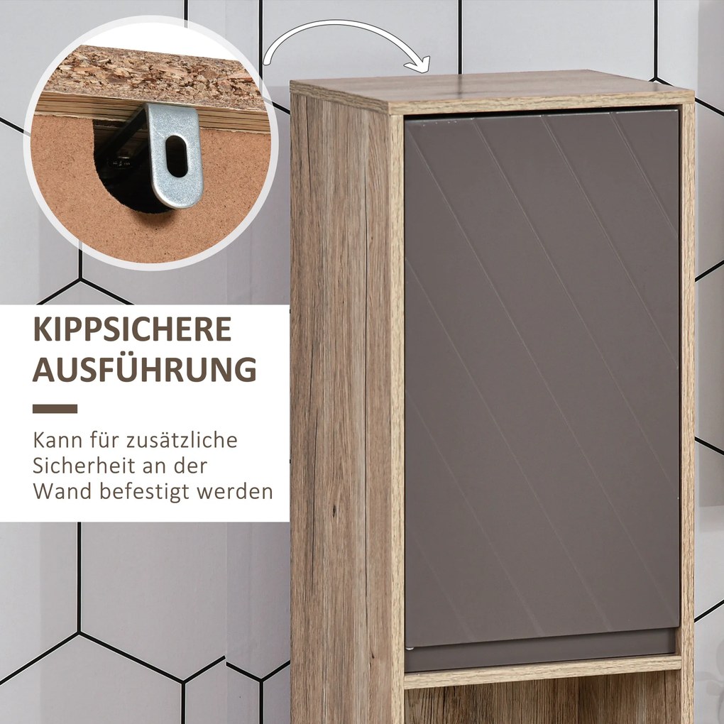 HOMCOM Vysoká koupelnová skříň s 2 dveřmi a 2 otevřenými policemi na úložný nábytek do obývacího pokoje nebo chodby 30x24x170 cm Dub a šedá