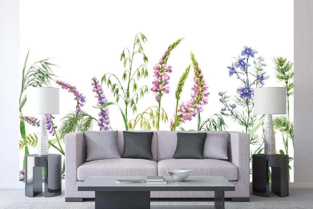 DIMEX | Samolepicí vliesová fototapeta na zeď Divoké květiny MA-5-1301 | 375 x 250 cm | zelená, bílá, fialová, růžová