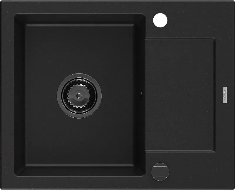 Mexen Enzo, granitový dřez 576x465x174 mm, 1-komorový, černá s černým sifonem, 6506571005-77-B