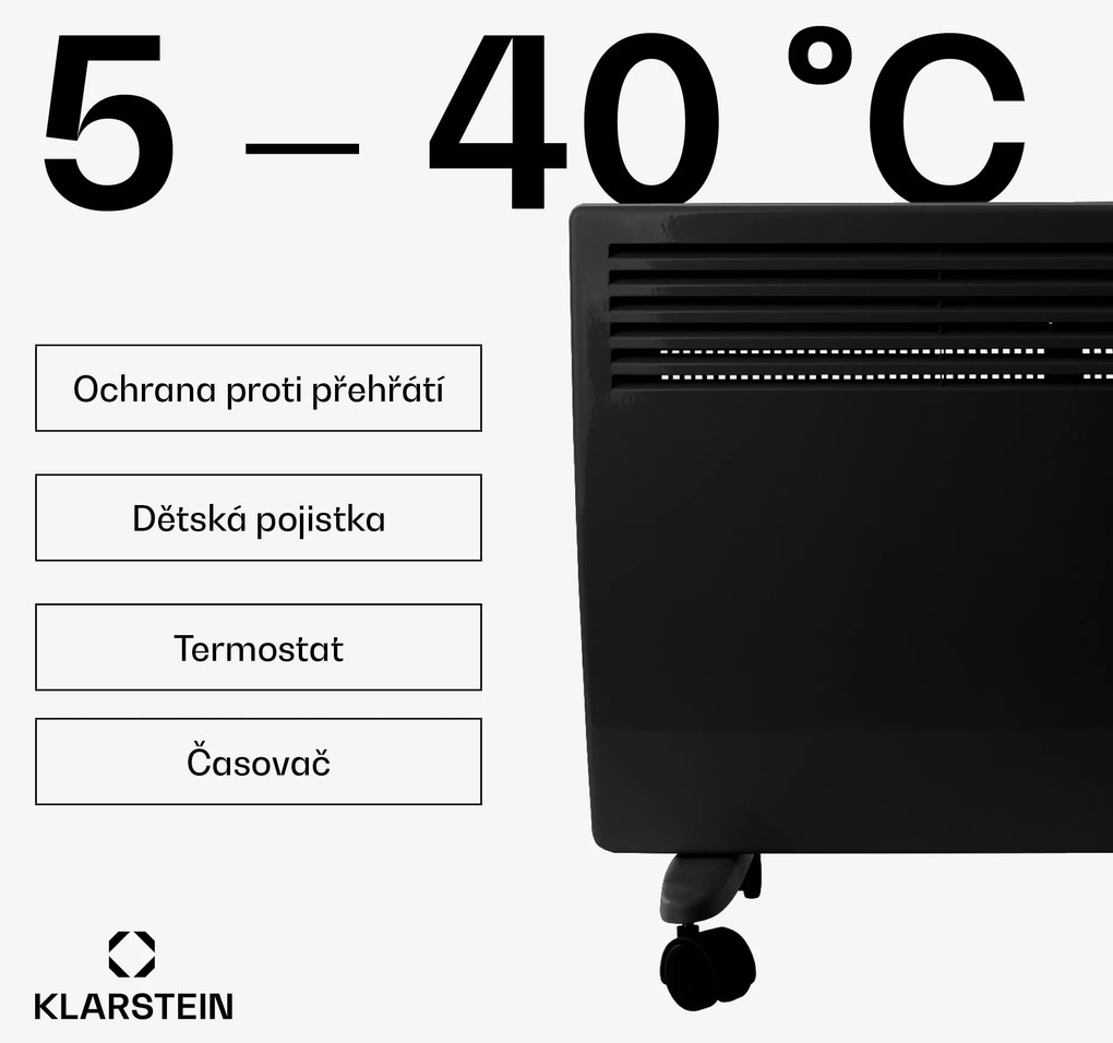 Klarstein Hot Spot Slimcurve, konvektor, ohřívač, 80x40cm, 40m², 2000 W, 5-40 °C, IP24, černý