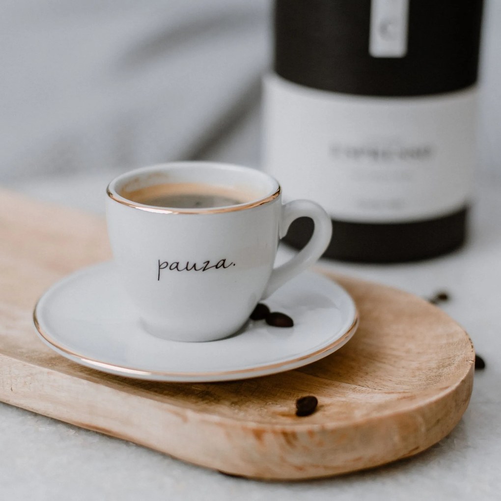 Bella Rose Šálek na espresso s podšálkem Pauza 90 ml, bílá barva, zlatá barva, porcelán