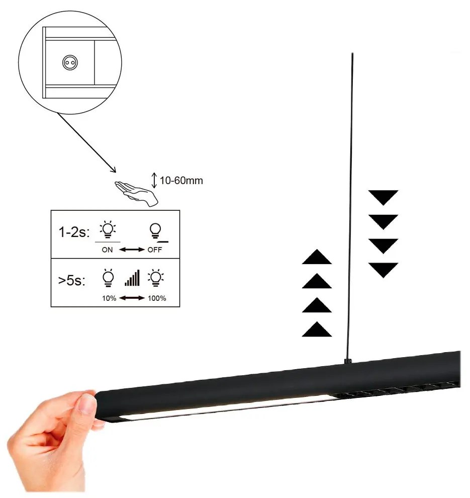 Mantra Lineal, černé lineární stahovací svítidlo LED 24W 3000K, bezdotykové ovládání, délka 120cm