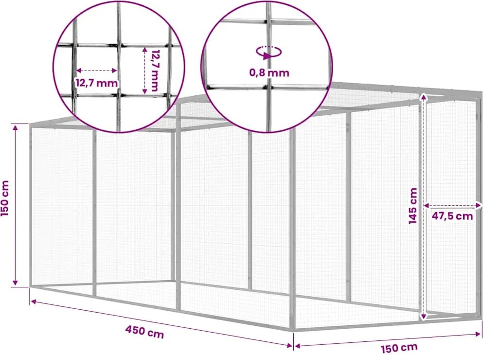 Klec pro kočky 4,5 x 1,5 x 1,5 m pozinkovaná ocel 146358