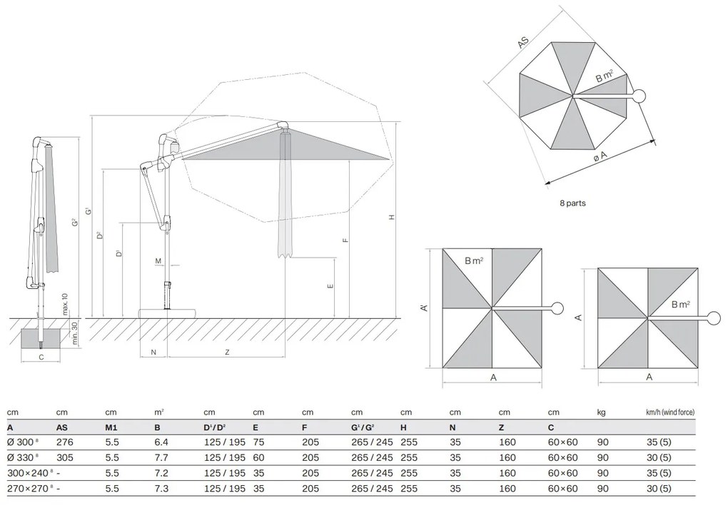 Slunečník boční GLATZ Sunwing CASA 300 cm 417 (tř. 4)