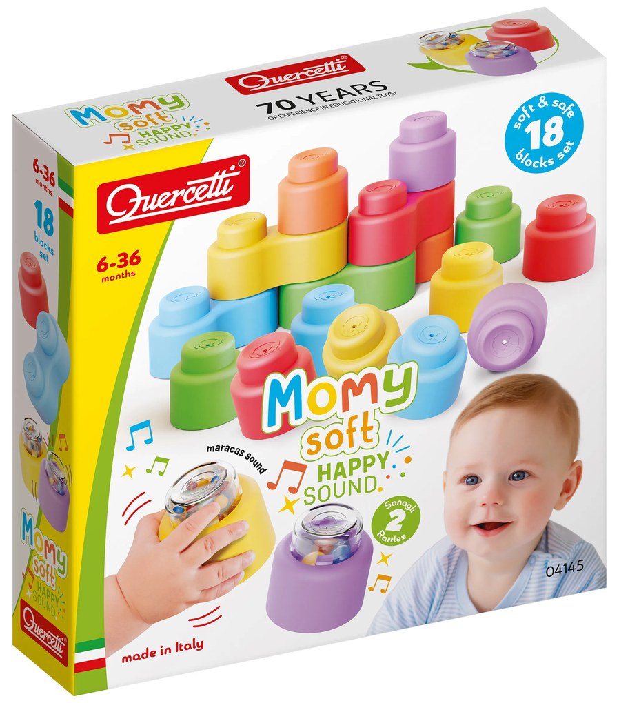 Momy Soft Happy Sound - měkké kostky + 2 zvukové kostky - 18 ks