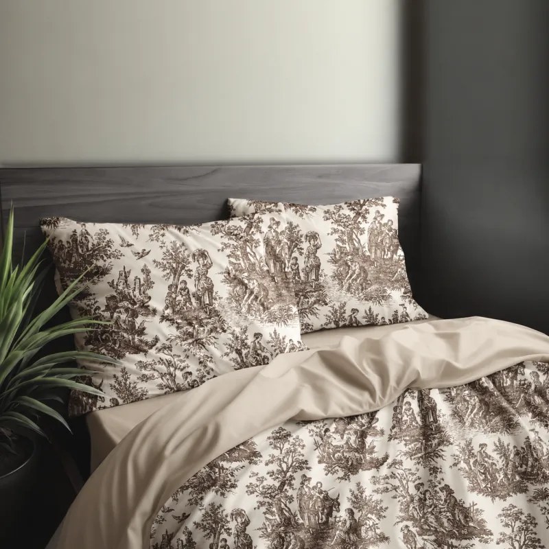 Ervi FLANELOVÉ bavlněné povlečení - Toile de Jouy Caramel/béžové, různé rozměry