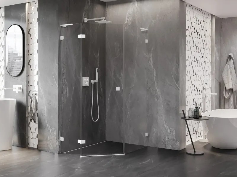 Mexen Lunar, L pětiúhelníkový sprchový kout naklápěcí doleva 90 x 100 cm, 8mm čiré sklo, bílý profil, 831L-090L-100P-20-00-L
