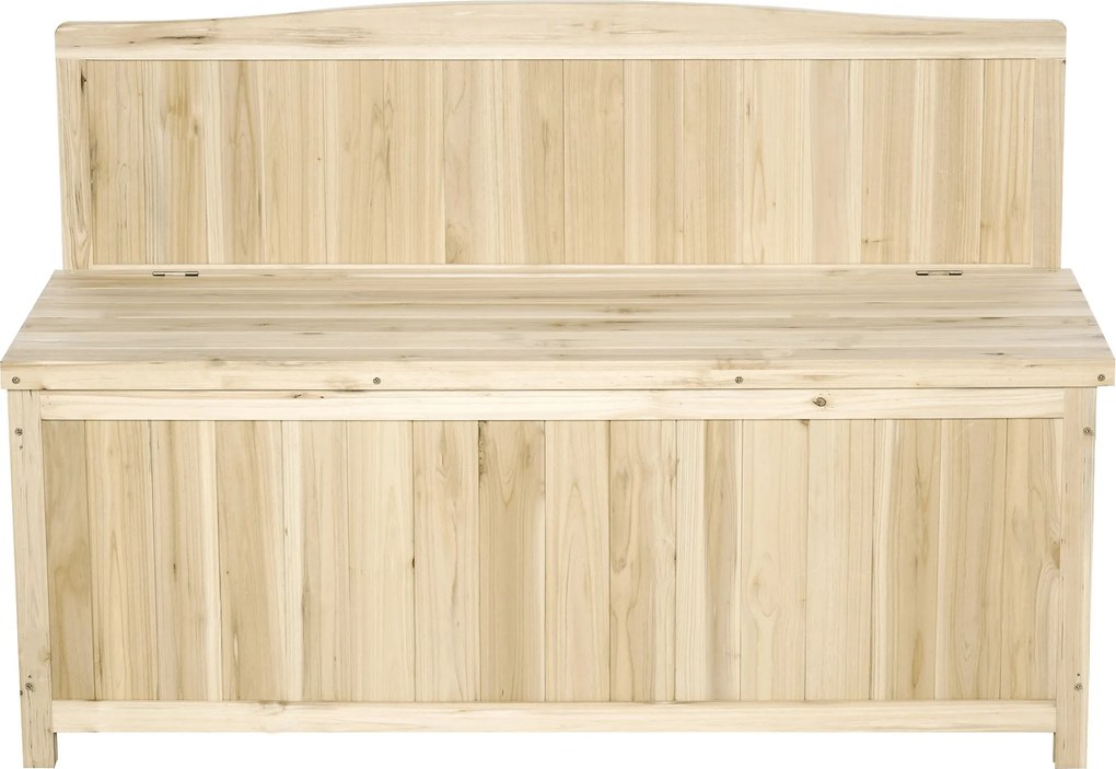 Outsunny Přírodní dřevěná zahradní lavice s úložným boxem a opěradlem, nosnost 250 kg, pro patio, terasu, balkon 115x45x75 cm | Aosom