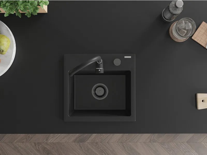 Mexen Milo, granitový dřez 435x410x171 mm, 1-komorový, černá s černým sifonem, 6505441000-77-B