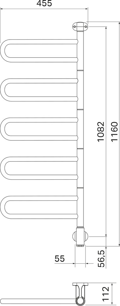 Elektrický sušák na ručníky – nerezový koupelnový žebřík - 4 otočná oblouková ramena (PAX FLEX U) Varianta el. žebříku: Nerez š. 655mm - s časovačem