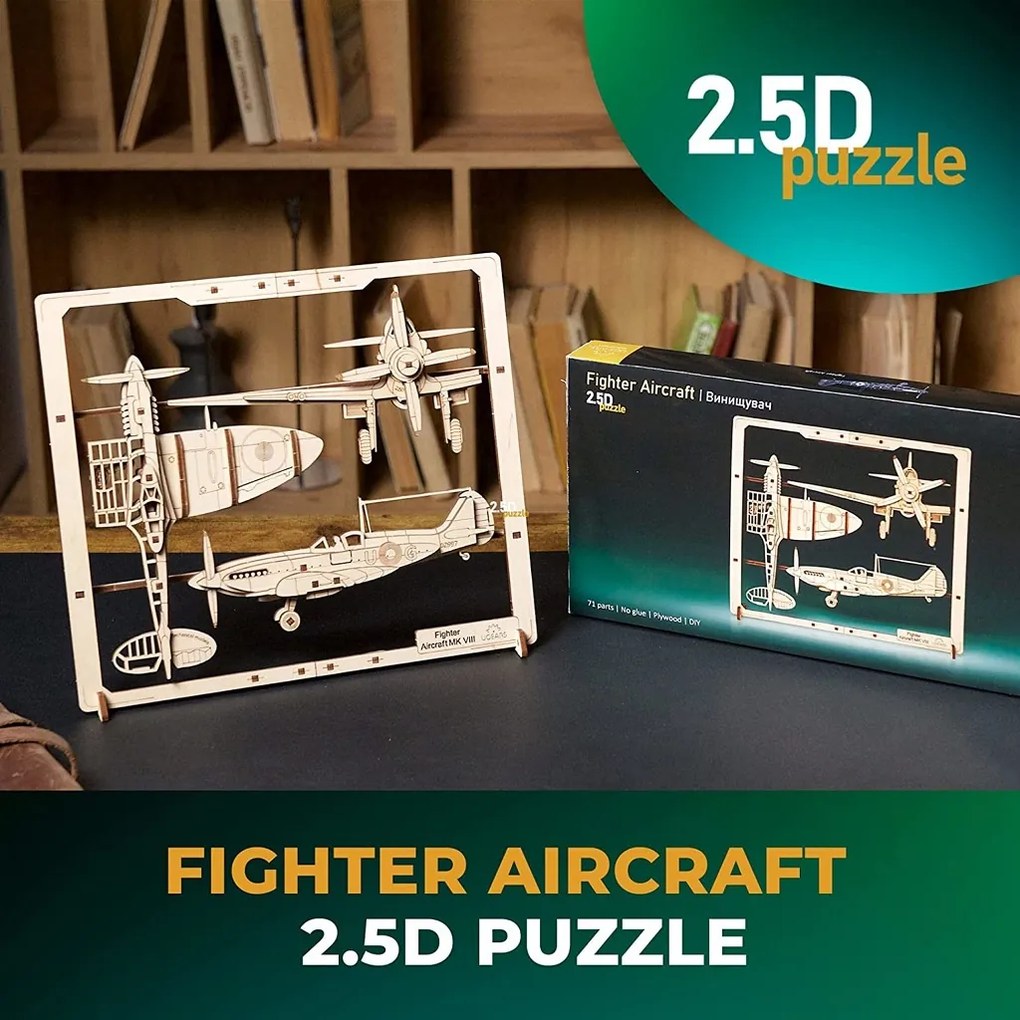 Ugears 2,5D dřevěné mechanické puzzle Stíhací letadlo