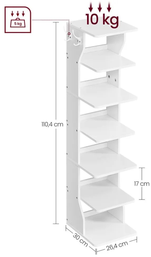 Botník CINDY, 6 úrovní, 30x26,4x110,4cm, bílá Vasagle