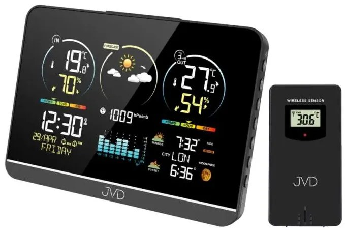 JVD Černá digitální rádiem řízená meteorologická stanice JVD RB3408