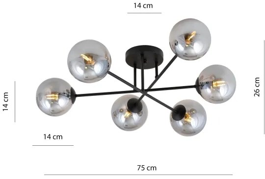 Lustr na tyči ROMA 6xE14/10W/230V černá/kouřová