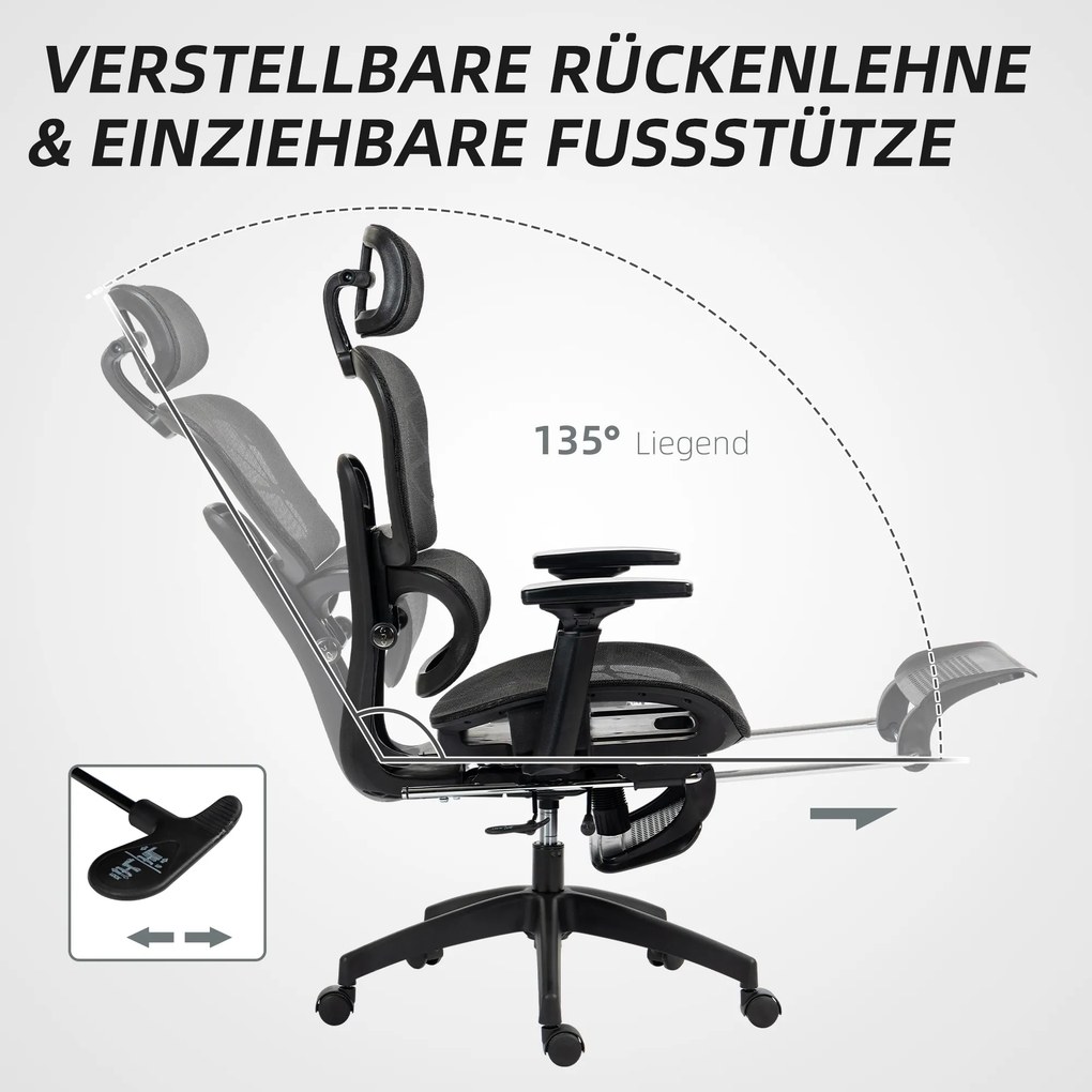 HOMCOM Ergonomická kancelářská židle s opěrkami, opěrkou hlavy, bederní oporou, výškově nastavitelná, otočná židle s funkcí houpání, sklopným mechani…