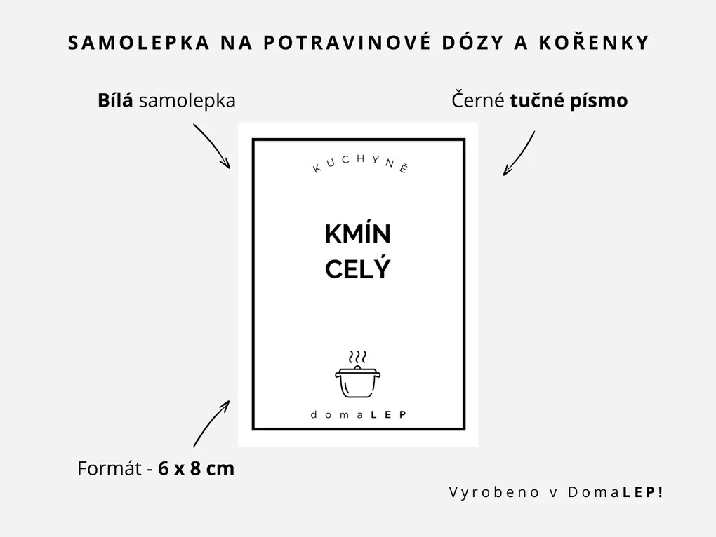 KMÍN CELÝ - omyvatelná samolepka na kořenky, výběr rozměrů Ø 5 cm / 5 x 5 cm / 6 x 8 cm | DomaLEP tvar: KOLEČKO, barva: BÍLÁ - ČERNÉ písmo, velikost: Ø 5 cm - tučné písmo