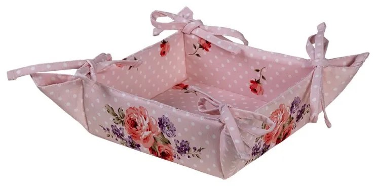 Růžový bavlněný košík na pečivo s růžemi Dotty Rose - 35*35*8 cm