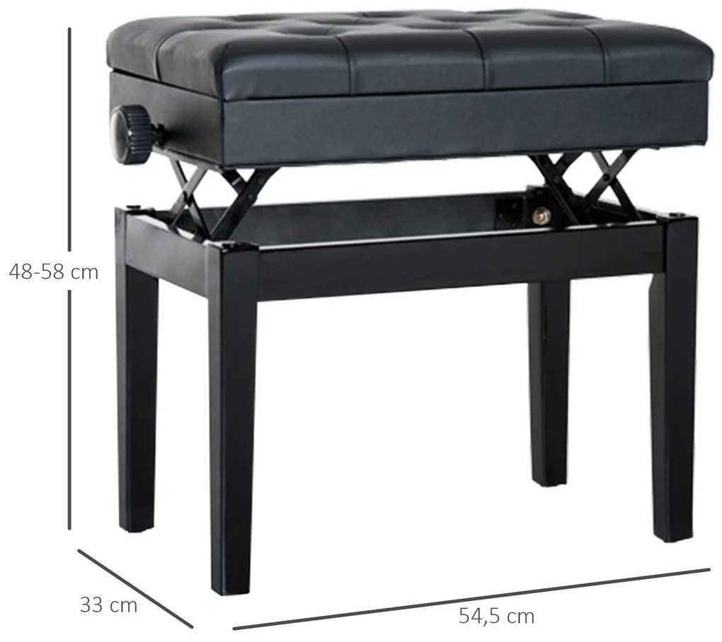 HOMCOM Klavírní lavice s úložným prostorem a nastavitelnou výškou 54,5x33x48-58cm, ideální jako kosmetický stolek pro milovníky hudby