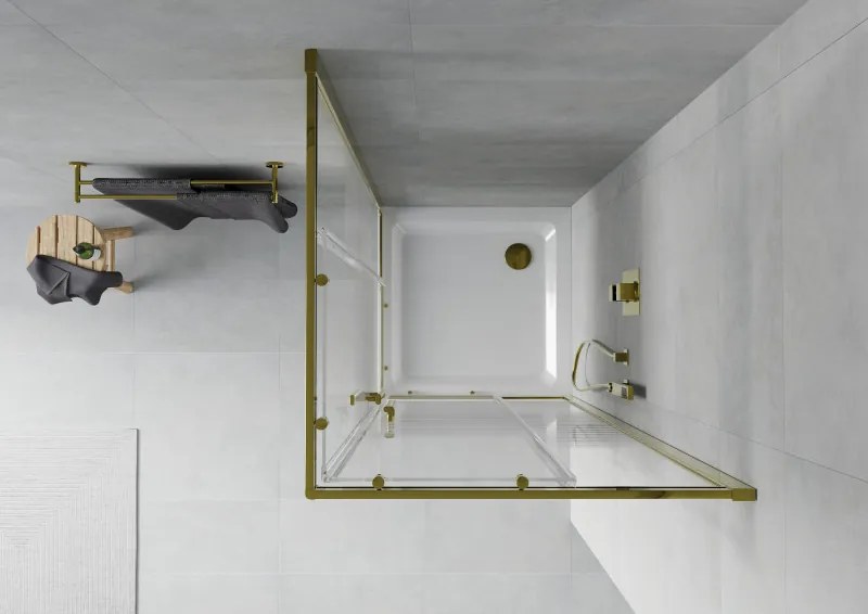 Mexen Rio, čtvercový sprchový kout s posuvnými dveřmi 70 (dveře) x 70 (dveře) x 190 cm, 5mm čiré sklo s pásky, zlatý profil + bílá sprchová vanička SLIM, 860-070-070-50-20-4010G