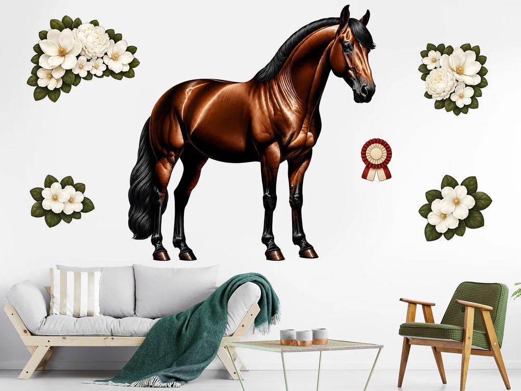 Kůň textilní přelepitelná samolepka na zeď arch 122 x 126 cm