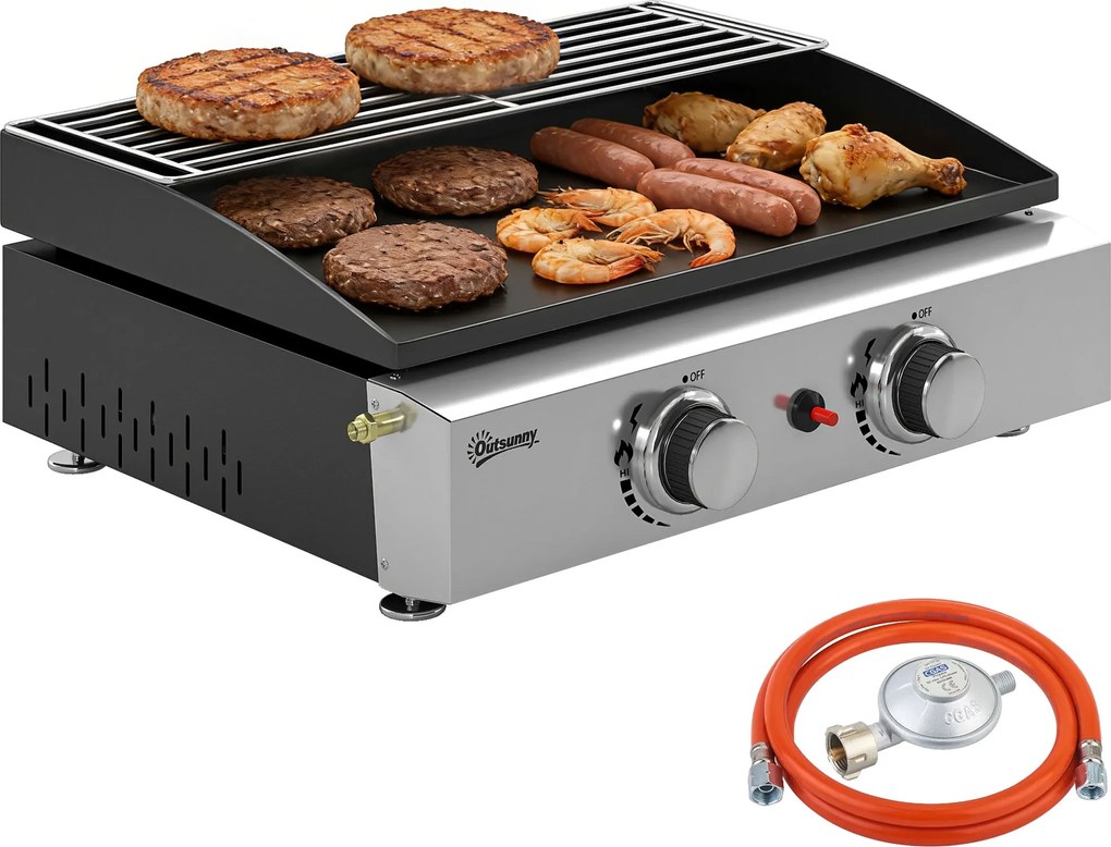 Outsunny přenosný stolní plynový gril, 5 kW, 2 hořáky, keramická nepřilnavá plotna, ohřívací rošt, odnímatelná miska na tuk, nerez | Aosom