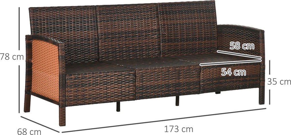 Outsunny Ratanová pohovka s polstry, pro 3 osoby, zahradní lounge pohovka, ocel, hnědá, 173 x 68 x 78 cm