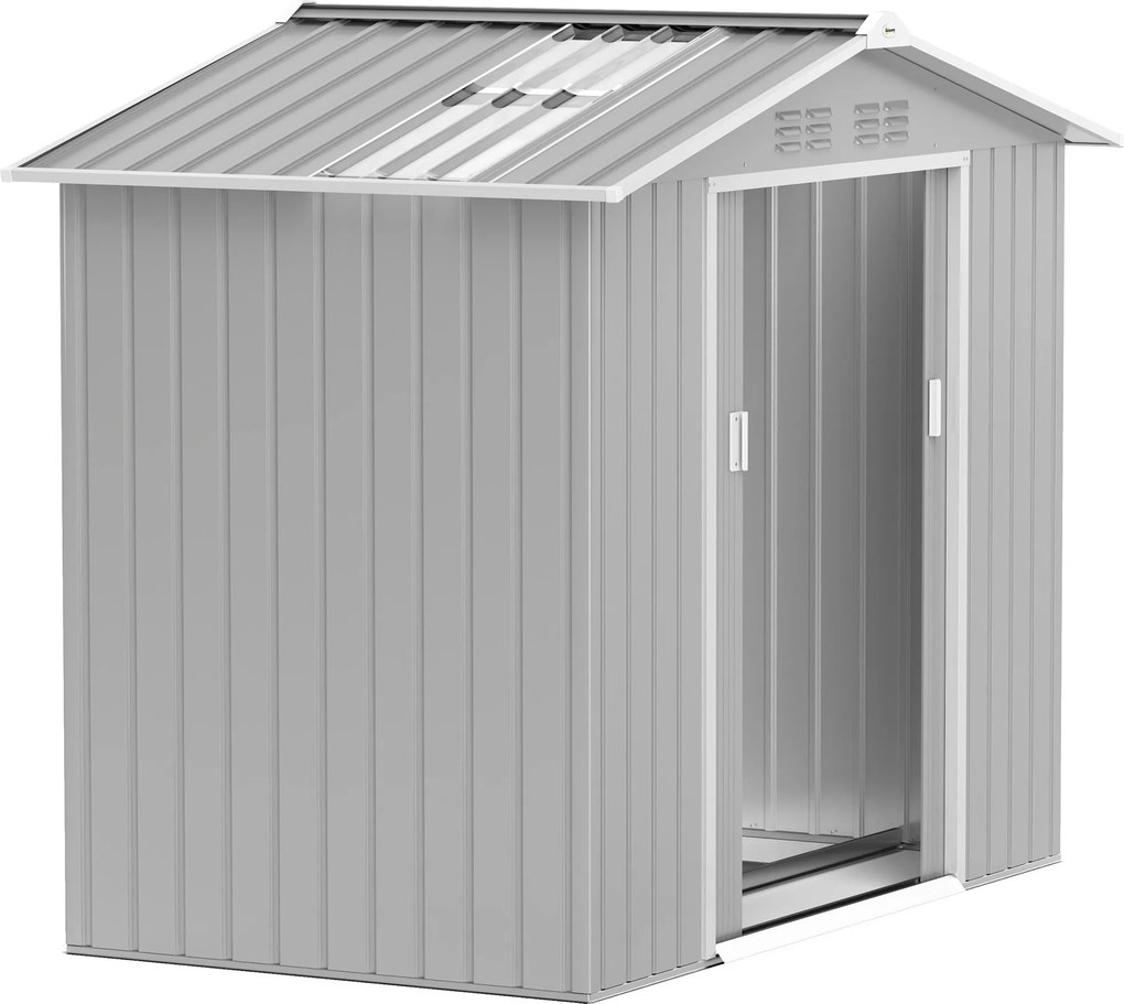 Zahradní Kůlna Outsunny 2,42 m² s Opevněným Základem Bez Podlahy 213x130x185 cm Zahradní Kůlna s Posuvnými Dveřmi, Střešním Okenním Zasklením a 4 Okny