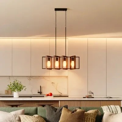 HOMCOM Moderní závěsné svítidlo, stropní svítidlo se 4 otočnými rámy a nastavitelnou výškou, 80 x 21 x 90-130 cm, ořech