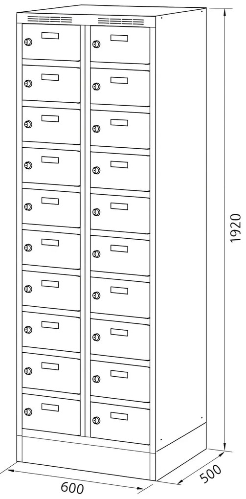 Šatní skříňka S6 s úložnými boxy na soklu, 20 boxů, 1920 x 600 x 500 mm, cylindrický zámek, tmavě šedé dveře