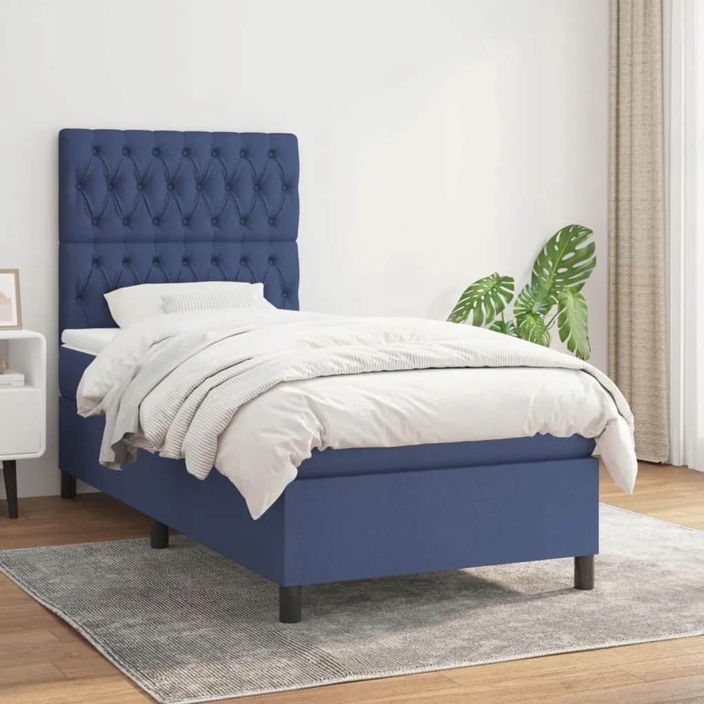 Box Spring Postel S Matrací Textil Modrá Prošívaný design 90 x 190 cm