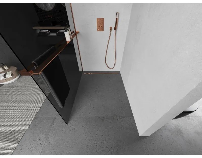 Mexen Kioto+ L, sprchová zástěna Walk-In s poličkou a věšákem 90 x 200 cm, 8mm šedé sklo, růžové zlato profil, 800-090-123-60-40
