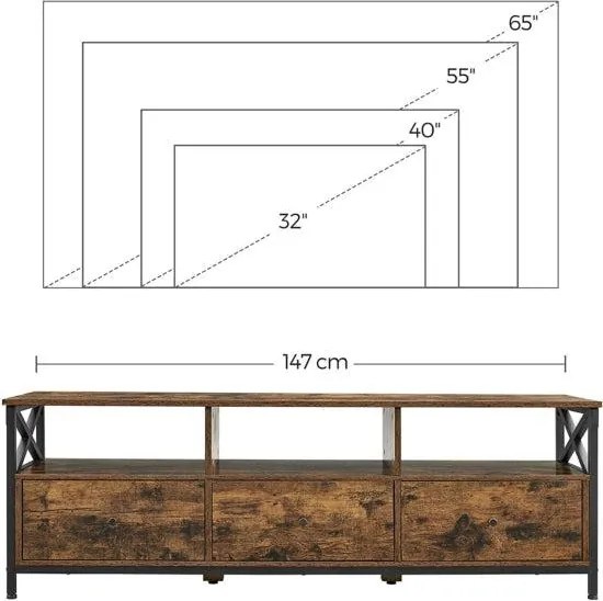 TV stojan se 3 zásuvkami a úložnými policemi, 147 x 50 x 40 cm, rustikální