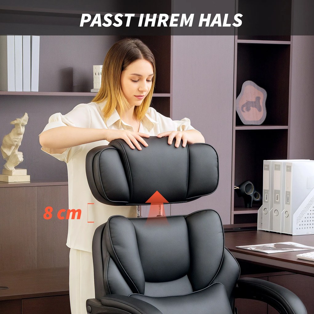 HOMCOM Kancelářská židle ergonomická, výškově nastavitelná, otočná s opěrkou bederní páteře, opěrkami rukou, opěrkou nohou, PU kůže, černá