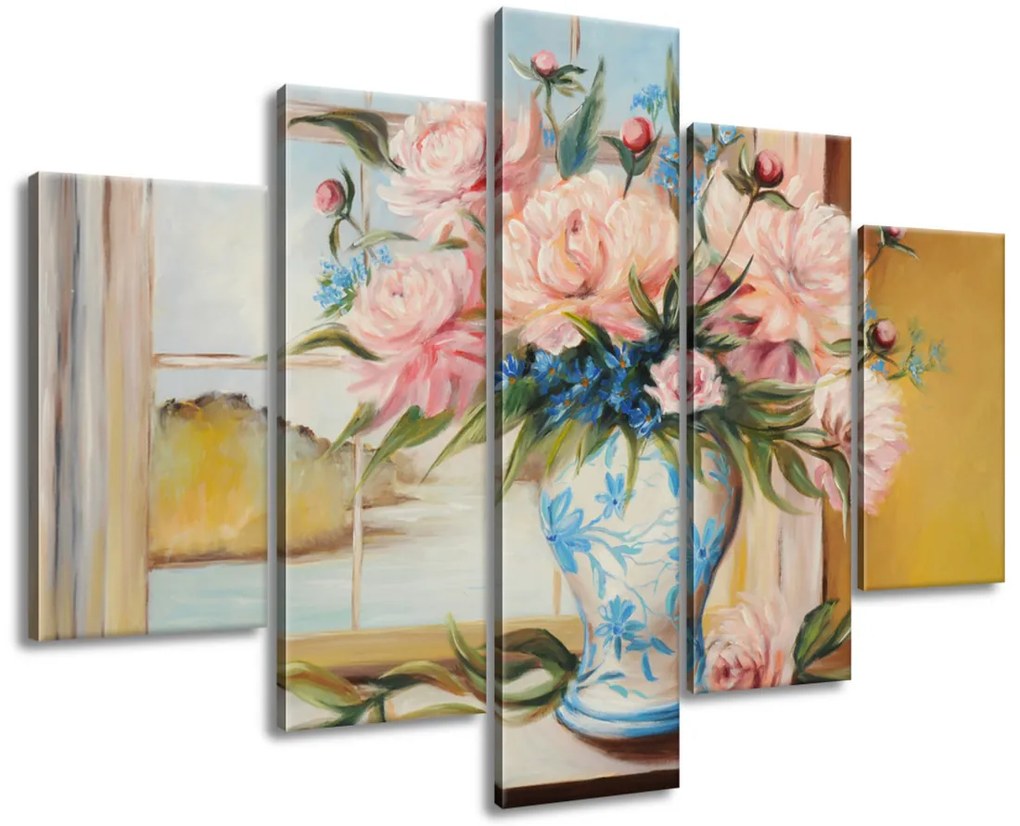 Gario Ručně malovaný obraz Barevné květiny ve váze - 5 dílný Rozměry: 150 x 105 cm