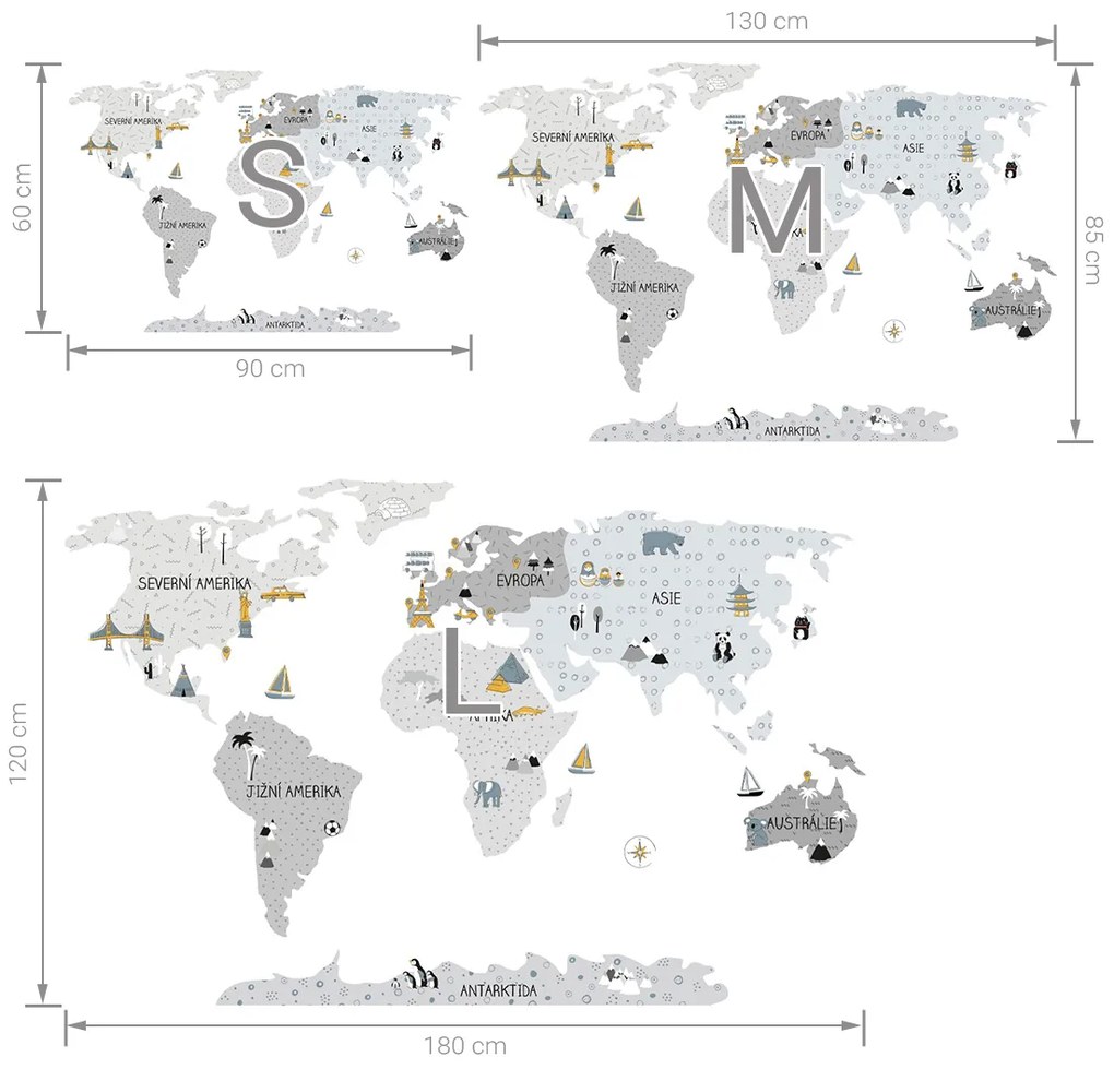 Dětské nástěnné samolepky MAPA SVĚTA šedé Zvolte rozměr: S, Zvolte jazyk: Anglický