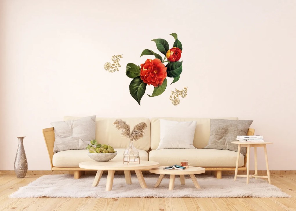 Samolepka na zeď Červené Květy a Zlaté Elementy | 65 x 85 cm | DF0457