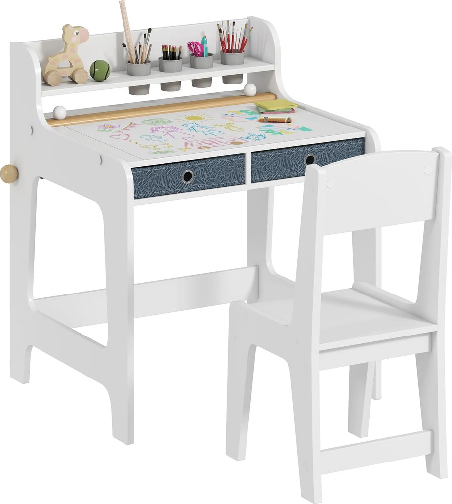 AIYAPLAY Dětský psací stůl s židlí, 2 zásuvky a držák na hrnek, Bílá, 62,8×55,6×73,8 cm