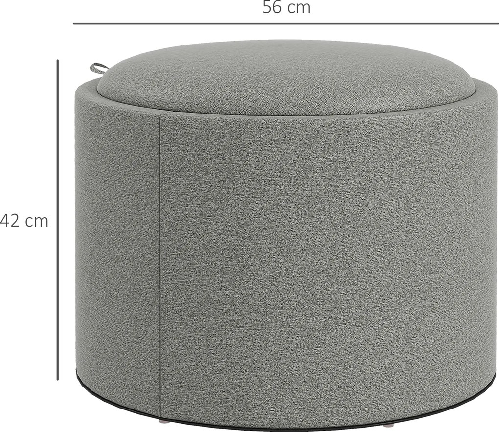 HOMCOM Otoman Kulatý otoman s úložným prostorem a odklápěcím víkem ve vzhledu šedého lnu Ø56 x 42 cm do obývacího pokoje ložnice | Aosom.de